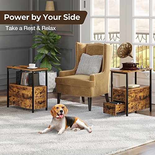 Rolanstar End Table with Charging Station, Narrow Side Table with 2 Wooden Drawers, USB Ports and Power Outlets, Nightstand Sofa Table for Small Spaces, Living Room, Bedroom, Rustic Brown