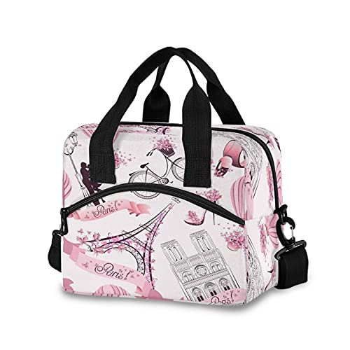 TropicalLife Lunch Bag Insulated Eiffel Tower Paris Bicycle Large Lunch Box Meal Prep Women, Pink Butterfly Reusable Lunch Cooler Tote Bag with Adjustable Shoulder Strap for Men Adult Work Kids Girls