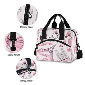 TropicalLife Lunch Bag Insulated Eiffel Tower Paris Bicycle Large Lunch Box Meal Prep Women, Pink Butterfly Reusable Lunch Cooler Tote Bag with Adjustable Shoulder Strap for Men Adult Work Kids Girls