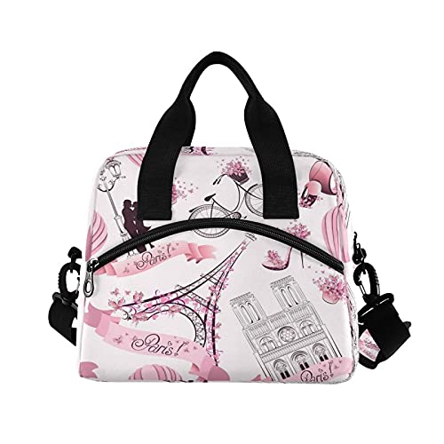 TropicalLife Lunch Bag Insulated Eiffel Tower Paris Bicycle Large Lunch Box Meal Prep Women, Pink Butterfly Reusable Lunch Cooler Tote Bag with Adjustable Shoulder Strap for Men Adult Work Kids Girls