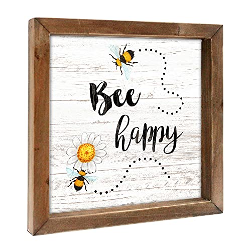 Wartter Wood Framed Wall Sign Bee Wall Art - Bee Happy, 7.9 x 7.9 Inches