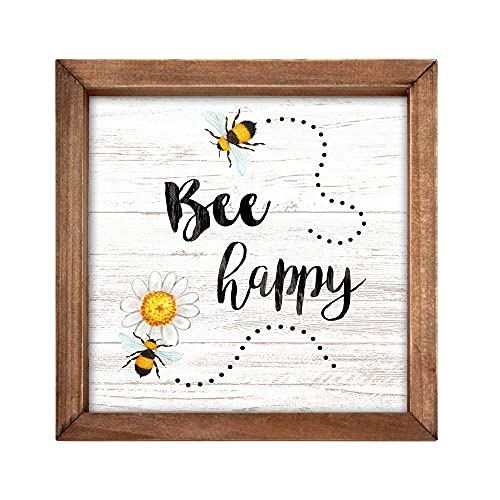 Wartter Wood Framed Wall Sign Bee Wall Art - Bee Happy, 7.9 x 7.9 Inches