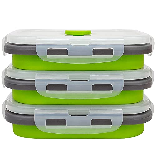 CCyanzi 3piece Collapsible Food Storage Containers with Lids, Silicone Lunch Container, Microwave & Freezer Safe, Space Saving for Kitchen Cabinet and Camping Backpack,(green gray)