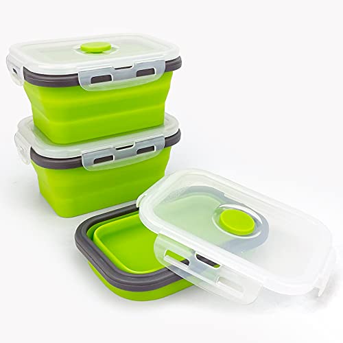 CCyanzi 3piece Collapsible Food Storage Containers with Lids, Silicone Lunch Container, Microwave & Freezer Safe, Space Saving for Kitchen Cabinet and Camping Backpack,(green gray)