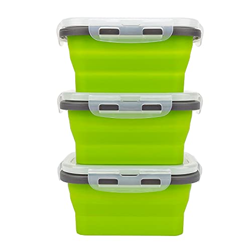 CCyanzi 3piece Collapsible Food Storage Containers with Lids, Silicone Lunch Container, Microwave & Freezer Safe, Space Saving for Kitchen Cabinet and Camping Backpack,(green gray)