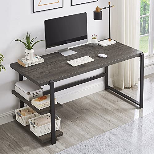 EXCEFUR Computer Desk with Shelves, 55 inch Industrial Work Desk for Home Office, Rustic Wood and Metal Study Writing Table, Grey