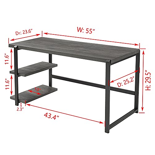 EXCEFUR Computer Desk with Shelves, 55 inch Industrial Work Desk for Home Office, Rustic Wood and Metal Study Writing Table, Grey