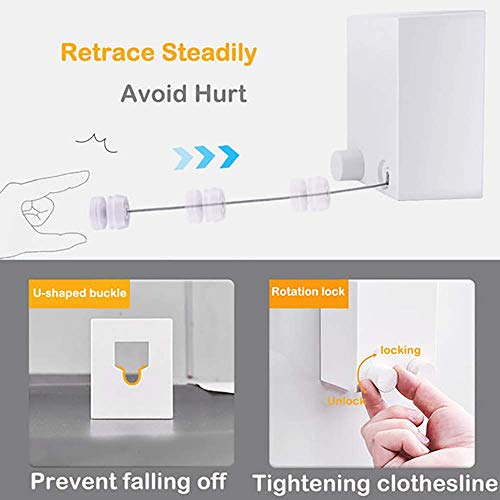 DALUOBO Retractable Clothesline, Heavy Duty Stainless Steel Clothes Drying Rope, Invisible Clothesline, Drill Free & Wall Mounted Shower Drying Line for Bathroom and Balcony, 13.8 Feet (White)