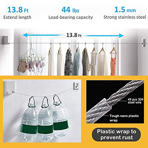 DALUOBO Retractable Clothesline, Heavy Duty Stainless Steel Clothes Drying Rope, Invisible Clothesline, Drill Free & Wall Mounted Shower Drying Line for Bathroom and Balcony, 13.8 Feet (White)