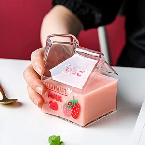 Blsky Kawaii Glass Milk Carton Cup Microwavable 12 Oz Cute Milk Cups Mini Creamer Container Strawberry Square Breakfast Mug Glass Creamer Pitcher with Gift Box (Strawberry)