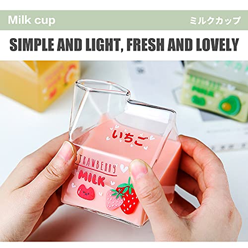 Blsky Kawaii Glass Milk Carton Cup Microwavable 12 Oz Cute Milk Cups Mini Creamer Container Strawberry Square Breakfast Mug Glass Creamer Pitcher with Gift Box (Strawberry)