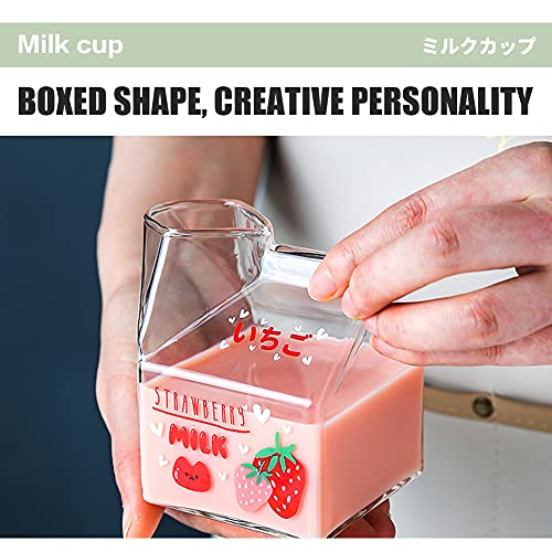 Blsky Kawaii Glass Milk Carton Cup Microwavable 12 Oz Cute Milk Cups Mini Creamer Container Strawberry Square Breakfast Mug Glass Creamer Pitcher with Gift Box (Strawberry)