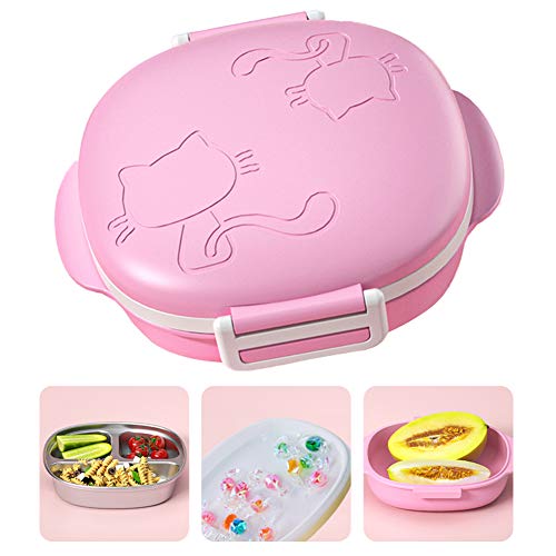 Stainless Steel Lunch Box for Toddlers Girls-Thermal Leakproof Bento Box 3-Compartment double-deck Ideal Portion Sizes for Ages 1 to 3, Pre-School Daycare Lunches and kids Snack Container（Pink）