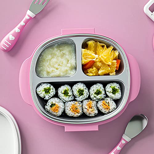 Stainless Steel Lunch Box for Toddlers Girls-Thermal Leakproof Bento Box 3-Compartment double-deck Ideal Portion Sizes for Ages 1 to 3, Pre-School Daycare Lunches and kids Snack Container（Pink）