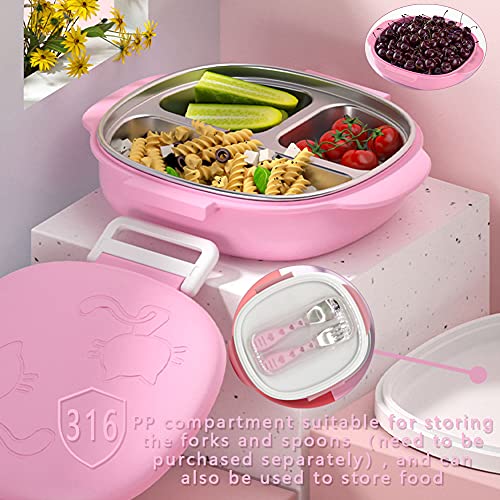 Stainless Steel Lunch Box for Toddlers Girls-Thermal Leakproof Bento Box 3-Compartment double-deck Ideal Portion Sizes for Ages 1 to 3, Pre-School Daycare Lunches and kids Snack Container（Pink）