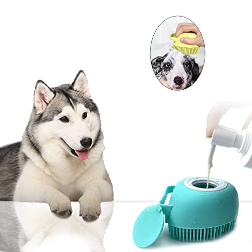 ELEGX Pet Grooming Bath Massage Brush with Soap and Shampoo Dispenser Soft Silicone Bristle for Long Short Haired Dogs Cats Shower (Blue)