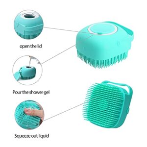 ELEGX Pet Grooming Bath Massage Brush with Soap and Shampoo Dispenser Soft Silicone Bristle for Long Short Haired Dogs Cats Shower (Blue)