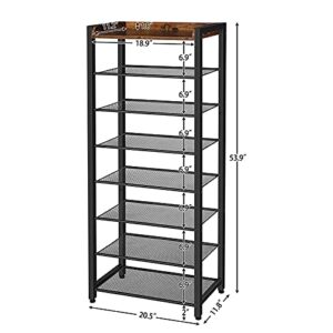 HOOBRO 8 Tier Shoe Rack, Narrow Shoe Storage Organizer with 7 Metal Shelves, Saving Space, Stable and Sturdy, Hold 14-21 Pairs of Shoes, for Entryway, Hallway, Living Room, Rustic Brown BF48XJ01