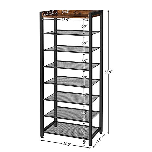 HOOBRO 8 Tier Shoe Rack, Narrow Shoe Storage Organizer with 7 Metal Shelves, Saving Space, Stable and Sturdy, Hold 14-21 Pairs of Shoes, for Entryway, Hallway, Living Room, Rustic Brown BF48XJ01