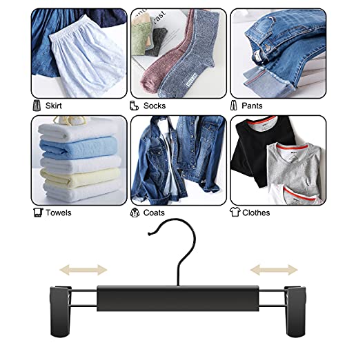 GUANJUNE 10 Pack Clothes Pants Hangers, Space-Saving Skirt Holders with 360 ° Swivel Hooks, Adjustable Clips, Trouser Hangers, Clothes Coat Garment Jeans Hangers, Black