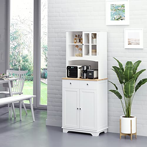 HOMCOM 67" Kitchen Buffet with Hutch, Microwave Cabinet with Framed Doors, 2 Drawers, Open Countertop, Cupboard for Dining Room, White