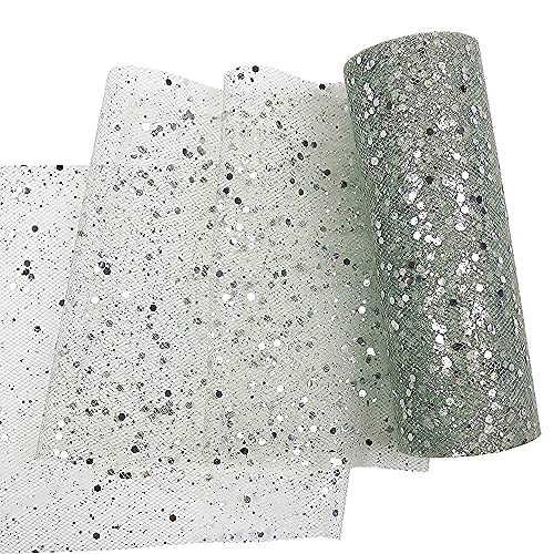 Yuanchuan Laser Sequin Glitter Tulle Rolls 6 inch x 10 Yards (30 feet) Silver for Table Runner Chair Sash Bow Pet Tutu Skirt Sewing Crafting Fabric Wedding Birthday Ribbon (Silver)