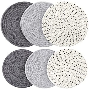 6 pieces pot trivets large braided woven trivet coaster, cotton thread weave cup coaster hot pot dish trivet pad mat for kitchen cooking supplies (gray, dark gray, white gray,7 inch and 9 inch)