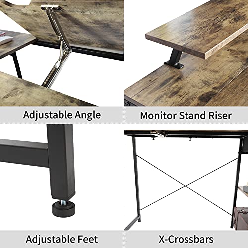 X-cosrack Computer Desk with Storage Shelves Drawer, 43” Home Office Desk with Monitor Stand, Adjustable and Tiltable Draft Drawing Table Writing Study Workstation for Home Office Artist, Rustic Brown