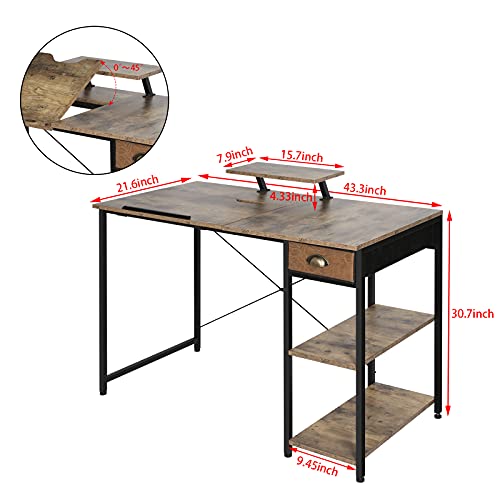 X-cosrack Computer Desk with Storage Shelves Drawer, 43” Home Office Desk with Monitor Stand, Adjustable and Tiltable Draft Drawing Table Writing Study Workstation for Home Office Artist, Rustic Brown