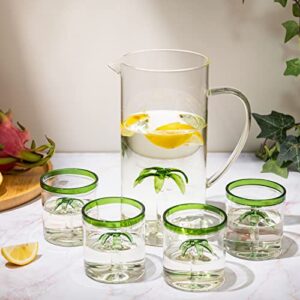 palm tree pitcher & 4 glasses set decanter with 4 glasses 9oz by the wine savant - elegant glass set, great for water iced tea, sangria, lemonade, and more! 1300ml 9" h