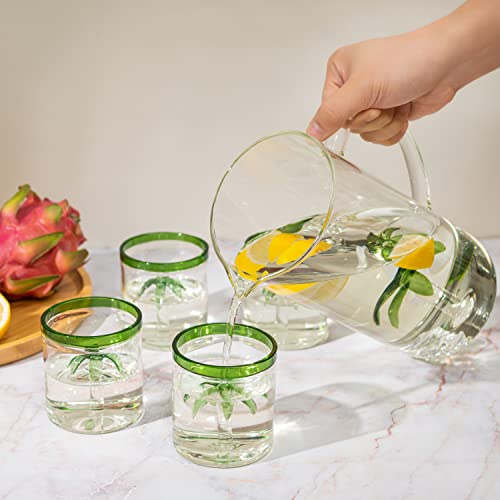 Palm Tree Pitcher & 4 Glasses Set Decanter with 4 Glasses 9oz by The Wine Savant - Elegant Glass Set, Great for Water Iced Tea, Sangria, Lemonade, and More! 1300ml 9" H