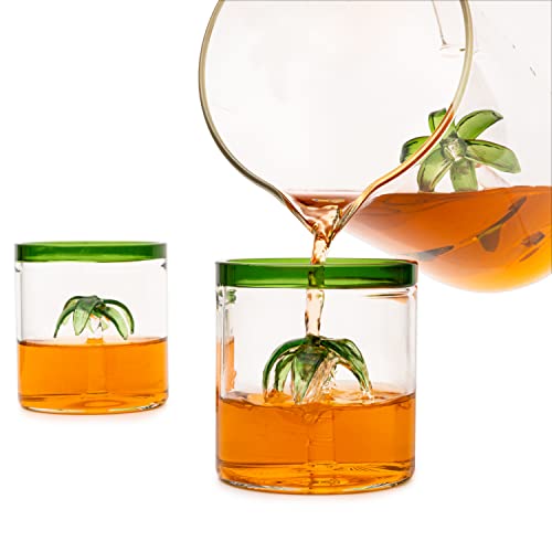 Palm Tree Pitcher & 4 Glasses Set Decanter with 4 Glasses 9oz by The Wine Savant - Elegant Glass Set, Great for Water Iced Tea, Sangria, Lemonade, and More! 1300ml 9" H