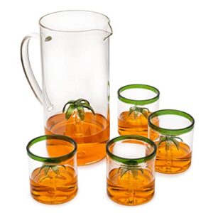 Palm Tree Pitcher & 4 Glasses Set Decanter with 4 Glasses 9oz by The Wine Savant - Elegant Glass Set, Great for Water Iced Tea, Sangria, Lemonade, and More! 1300ml 9" H