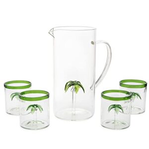 Palm Tree Pitcher & 4 Glasses Set Decanter with 4 Glasses 9oz by The Wine Savant - Elegant Glass Set, Great for Water Iced Tea, Sangria, Lemonade, and More! 1300ml 9" H