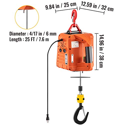 VEVOR Electric Hoist Winch, 1100lbs Portable Electric Winch, 1500W 110V Power Winch Crane, 25ft Lifting Height, w/Wireless Remote Control and Overload Protection for Garages Warehouse Lifting Towing