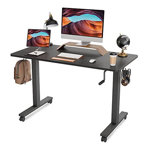 FEZIBO Crank Adjustable Height Standing Desk, 48 x 24 Inches Manual Stand up Desk, Sit Stand Desk with Handle, Home Office Desk with Black Top and Black Frame