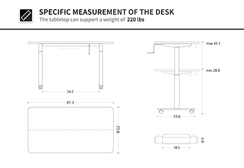 FEZIBO Crank Adjustable Height Standing Desk, 48 x 24 Inches Manual Stand up Desk, Sit Stand Desk with Handle, Home Office Desk with Black Top and Black Frame