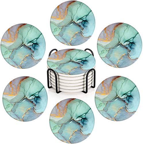 Britimes Coasters for Drinks Absorbent with Metal Holder Stand, Ceramic Stone Coaster Sets of 6, Marble Style Coaster for Coffee Wooden Table, Housewarming Gift Turquoise