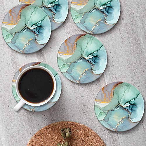 Britimes Coasters for Drinks Absorbent with Metal Holder Stand, Ceramic Stone Coaster Sets of 6, Marble Style Coaster for Coffee Wooden Table, Housewarming Gift Turquoise