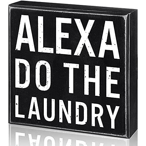 Classic Box Sign Wooden Box Sign Black White Box Sign Decorative Letters Wood Box Plaque for Shelf Living Room Bathroom Laundry Decor (Alexa Do The Laundry)