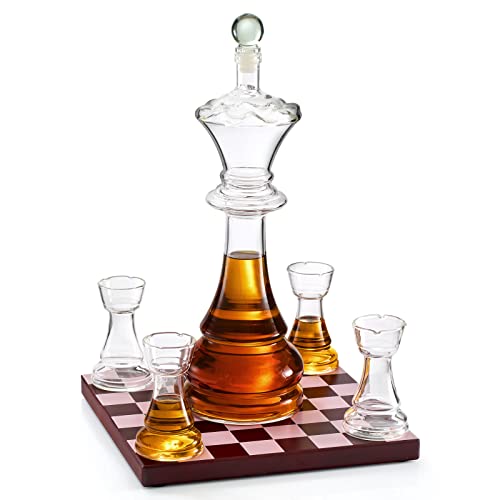 New Chess Decanter Set by The Wine Savant - Queen Chess Decanter 750ml 12" H With 4 Rook Shot Glasses 4oz - Queen's Gambit, Chess Player Gifts, Whiskey, Wine Lovers!