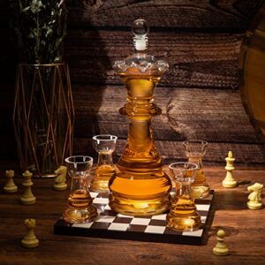 New Chess Decanter Set by The Wine Savant - Queen Chess Decanter 750ml 12" H With 4 Rook Shot Glasses 4oz - Queen's Gambit, Chess Player Gifts, Whiskey, Wine Lovers!