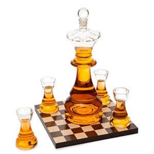 New Chess Decanter Set by The Wine Savant - Queen Chess Decanter 750ml 12" H With 4 Rook Shot Glasses 4oz - Queen's Gambit, Chess Player Gifts, Whiskey, Wine Lovers!