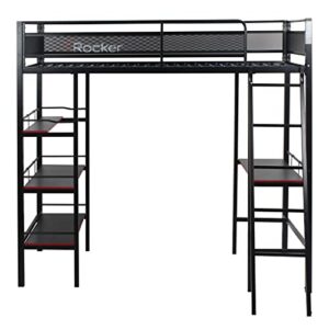 x rocker i fortress gaming bunk bed i built-in desk and shelving i sturdy metal frame i red wooden trim i black