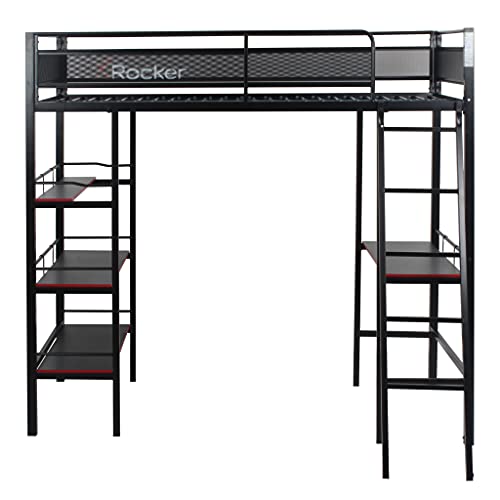 X Rocker I Fortress Gaming Bunk Bed I Built-in Desk and Shelving I Sturdy Metal Frame I Red Wooden Trim I Black