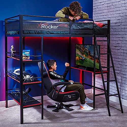 X Rocker I Fortress Gaming Bunk Bed I Built-in Desk and Shelving I Sturdy Metal Frame I Red Wooden Trim I Black