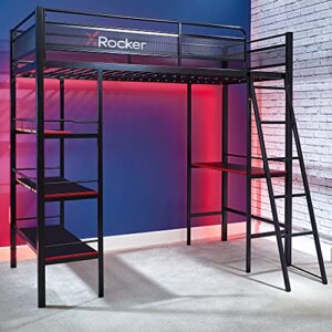 X Rocker I Fortress Gaming Bunk Bed I Built-in Desk and Shelving I Sturdy Metal Frame I Red Wooden Trim I Black