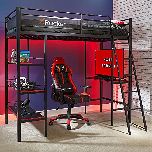 X Rocker I Fortress Gaming Bunk Bed I Built-in Desk and Shelving I Sturdy Metal Frame I Red Wooden Trim I Black