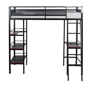 X Rocker I Fortress Gaming Bunk Bed I Built-in Desk and Shelving I Sturdy Metal Frame I Red Wooden Trim I Black