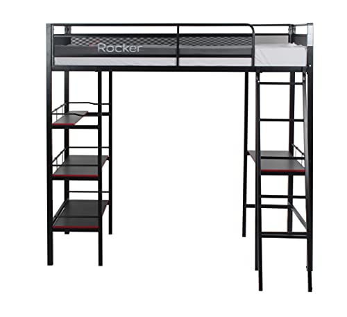 X Rocker I Fortress Gaming Bunk Bed I Built-in Desk and Shelving I Sturdy Metal Frame I Red Wooden Trim I Black